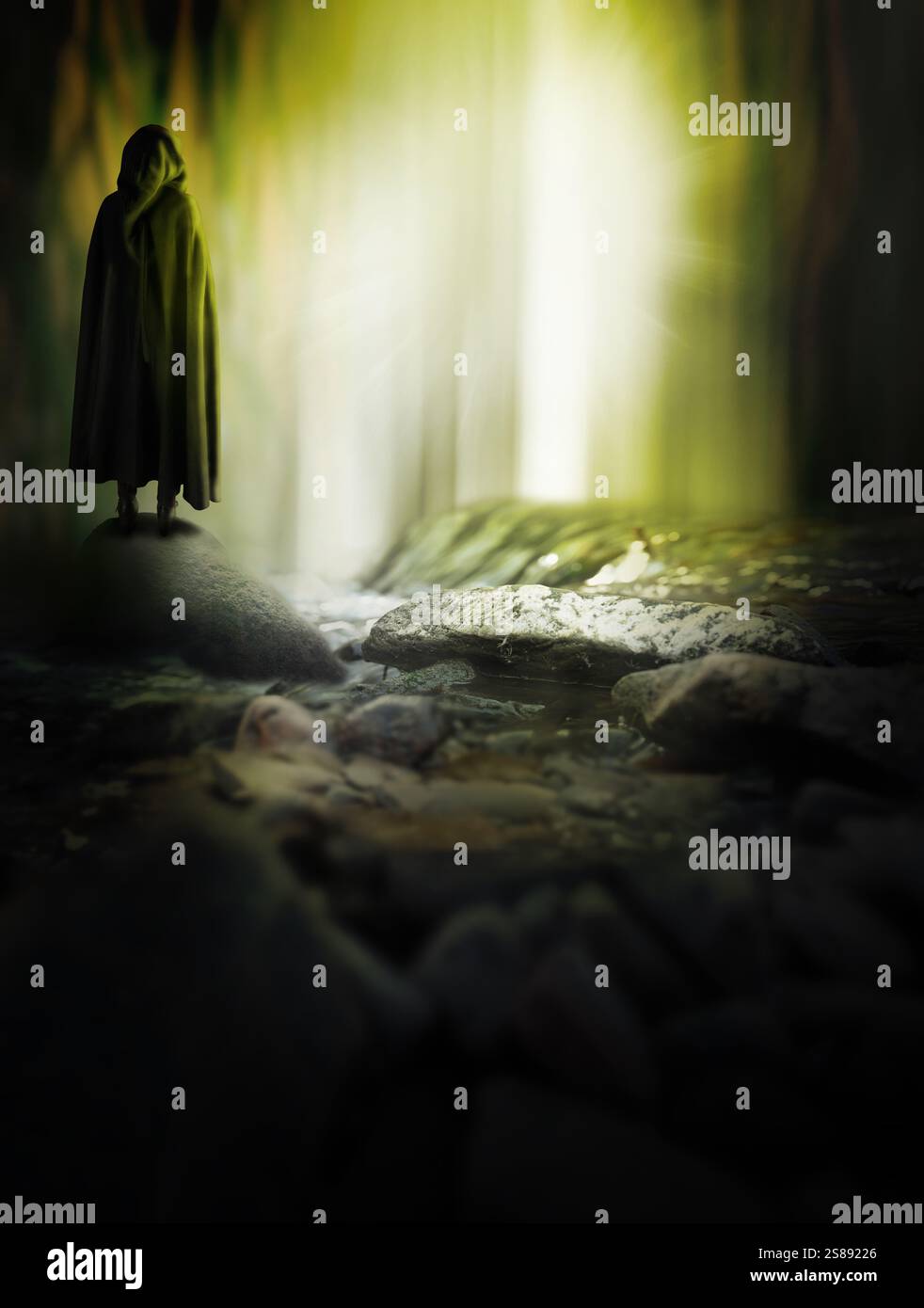 Mythical creature elf, fairy, druid with cloak in a large cave behind ...