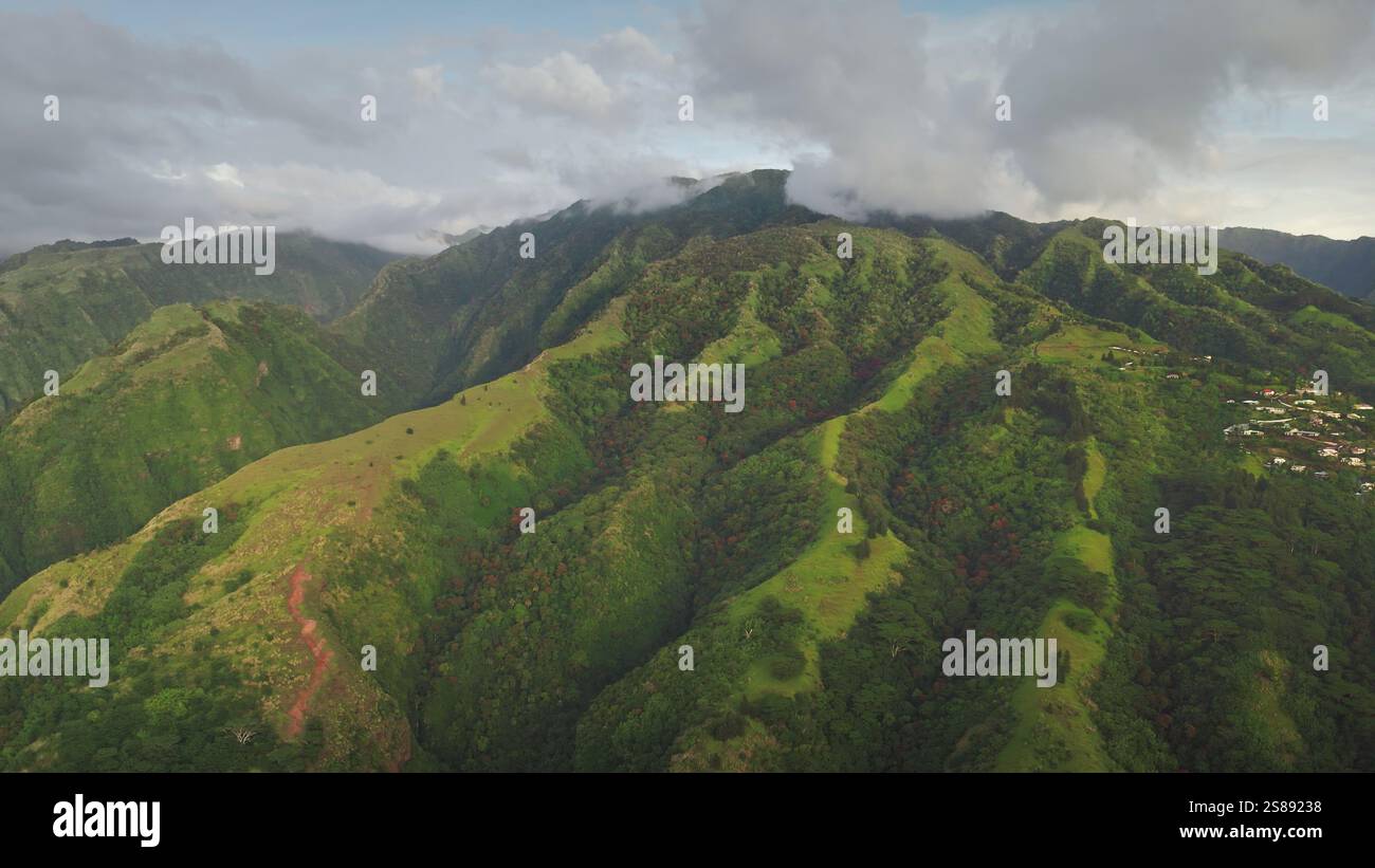 Aerial drone capture vibrant green hills landscape of Tahiti ...