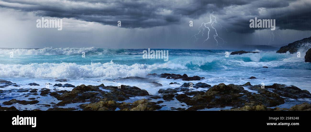 Stormy weather over the night sea coast line with lightning flash and ...