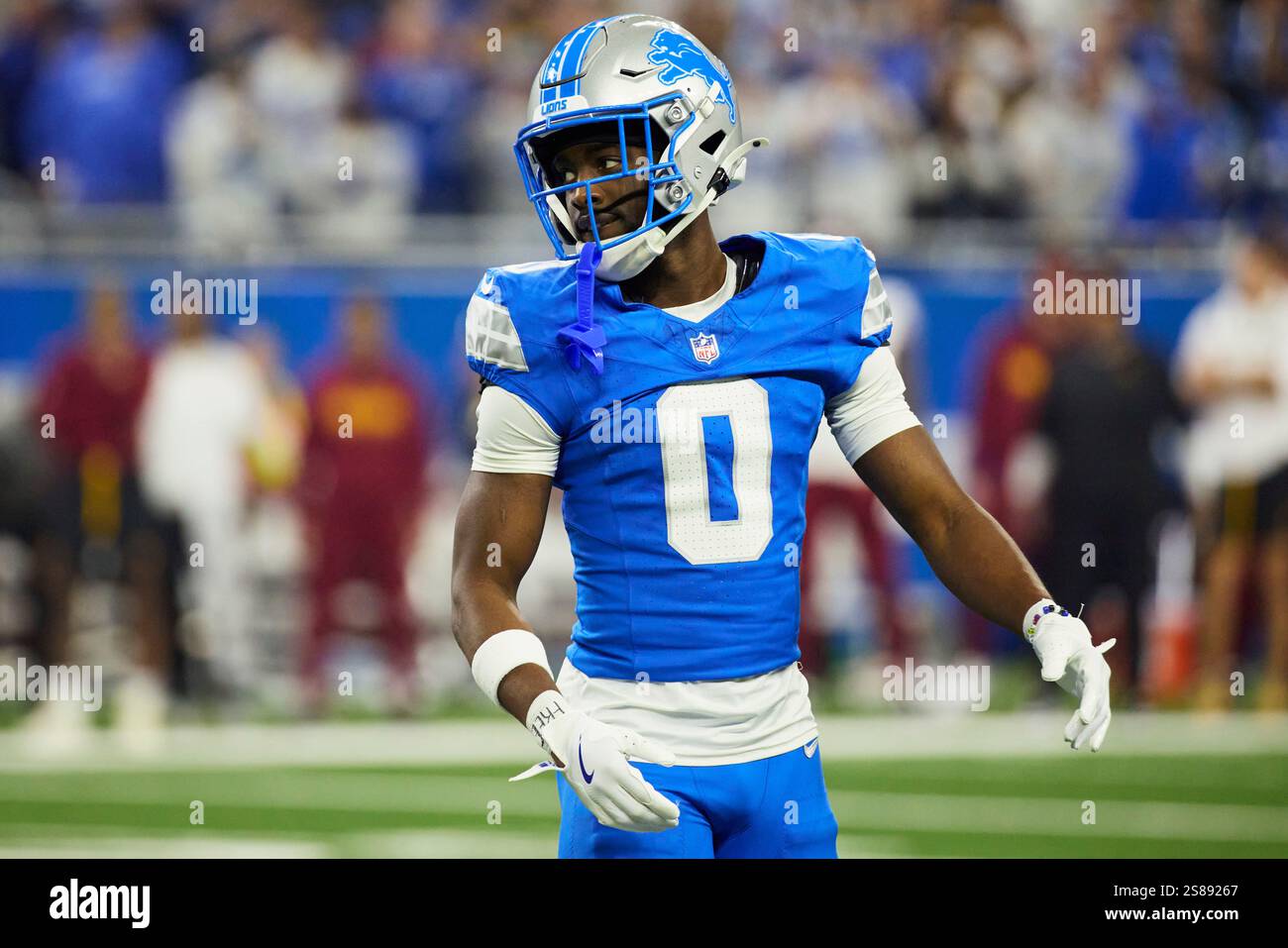 Detroit Lions cornerback Terrion Arnold (0) looks on against the ...