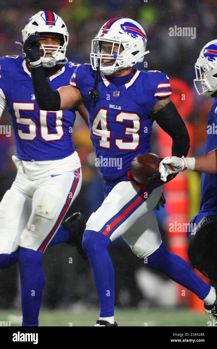 Buffalo Bills linebacker Terrel Bernard (43) celebrates a fumble ...