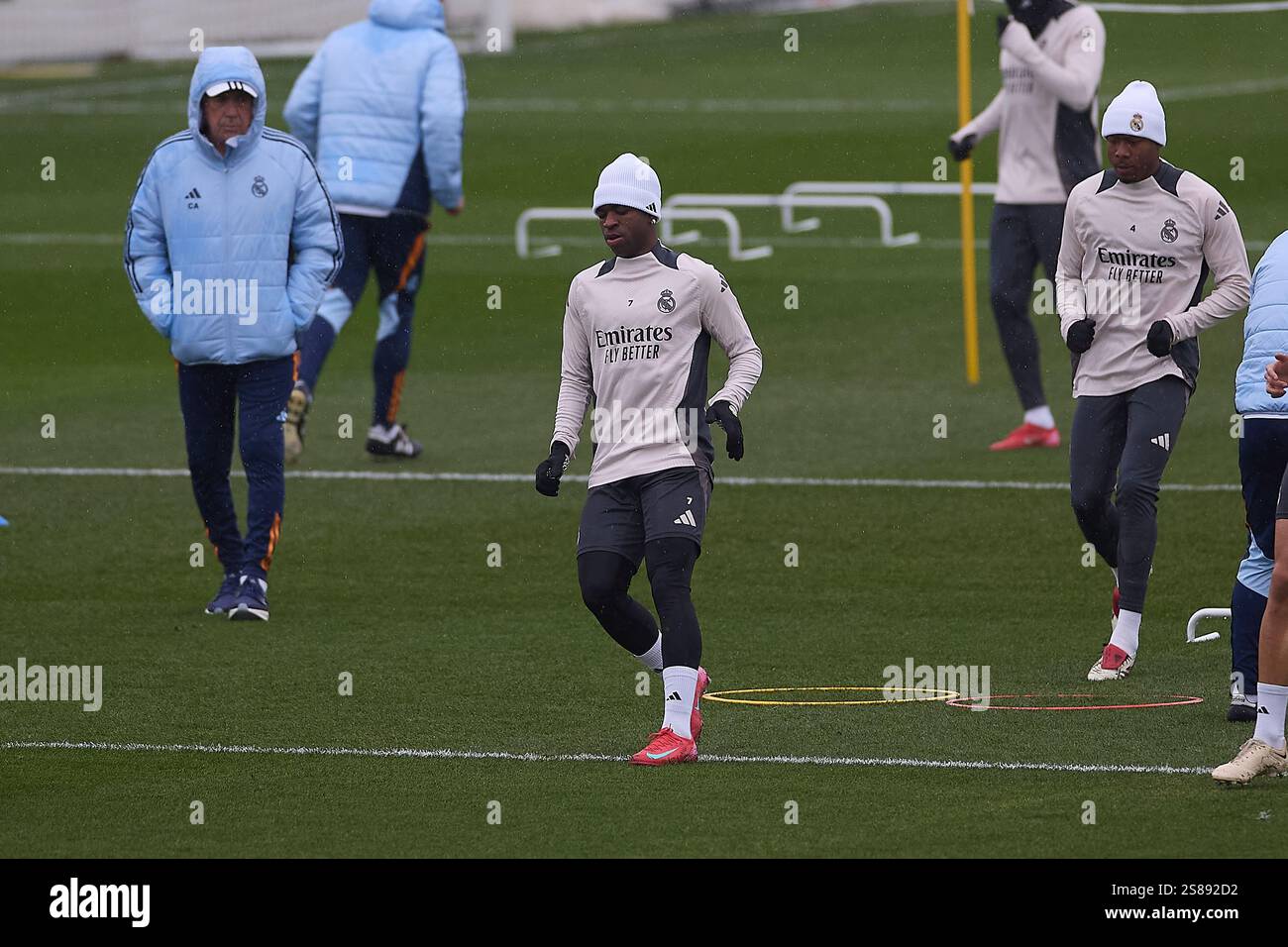 Vinicius Junior of Real Madrid CF warms up during the training session ...