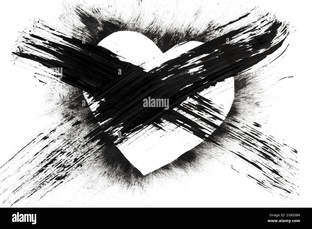 Black and white grunge heart crossed out with brush strokes on white ...