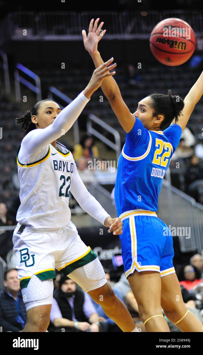 Newark, USA. 20th Jan, 2025. UCLA's Kendall Dudley (22) and Baylor's ...