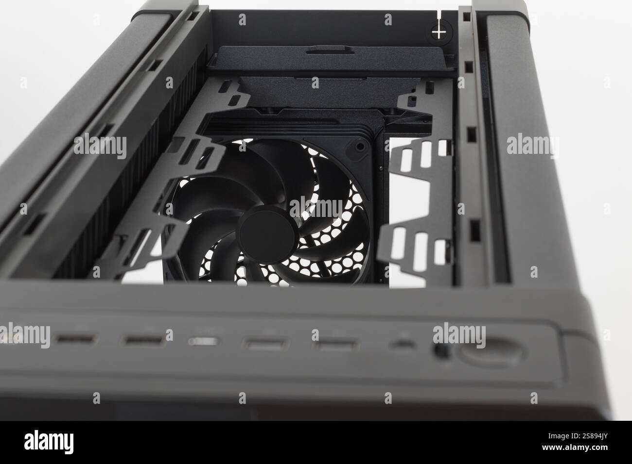 Big tower, PC case, chassis, close up rear fan 140 x 28 mm and top of ...