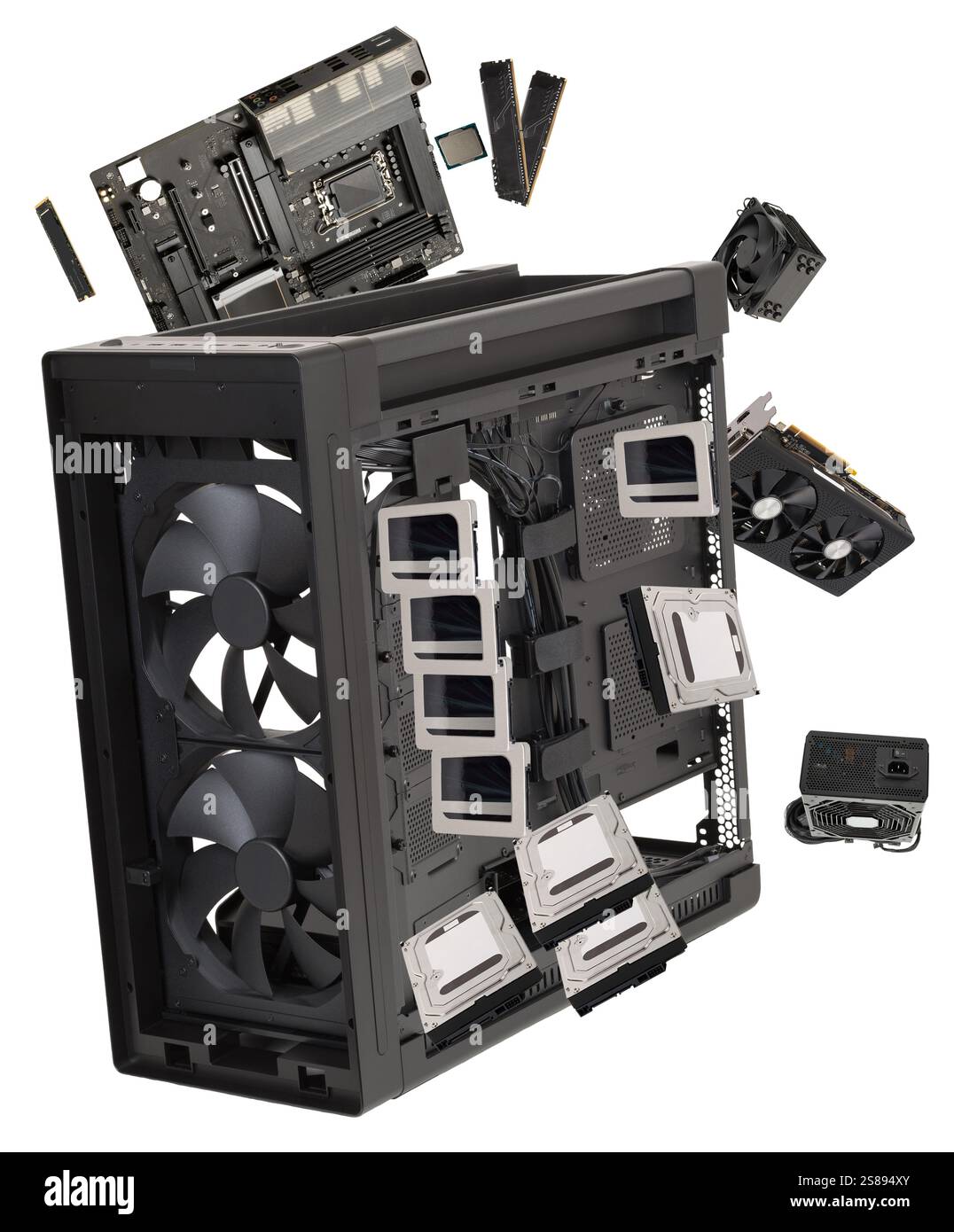 Main components of computer. Big case, motherboard, CPU, memory, cooler ...