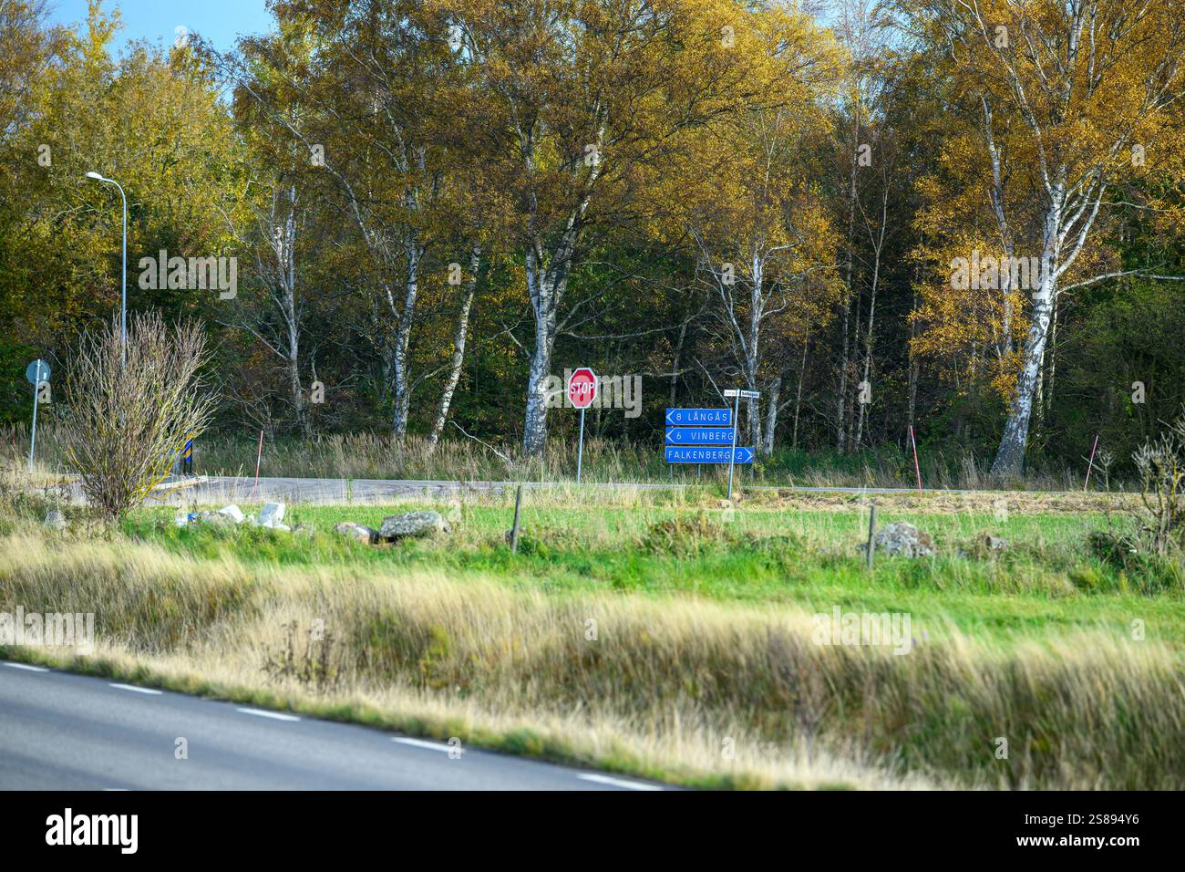 A roundabout nestled in a rural area surrounded by vibrant autumn trees ...
