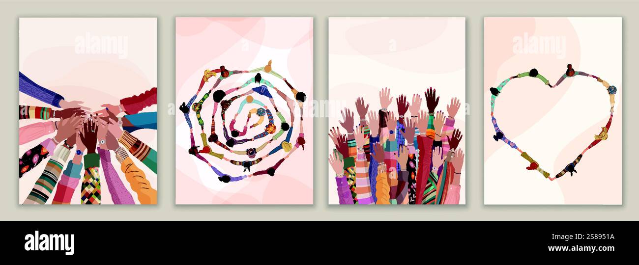 Multicultural women in circle hand in hand. Top view. International ...