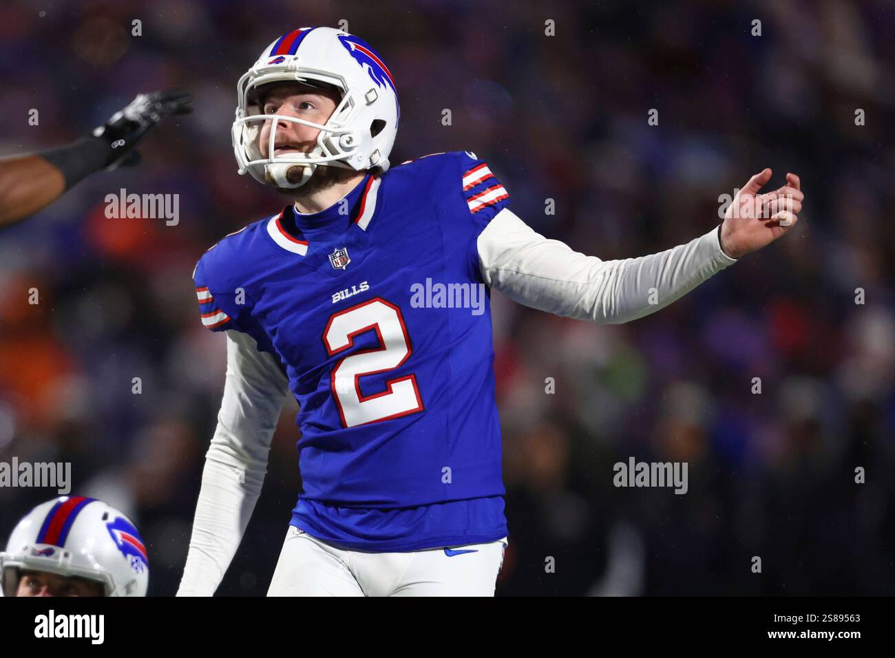 Buffalo Bills place kicker Tyler Bass (2) watches his kick during the ...