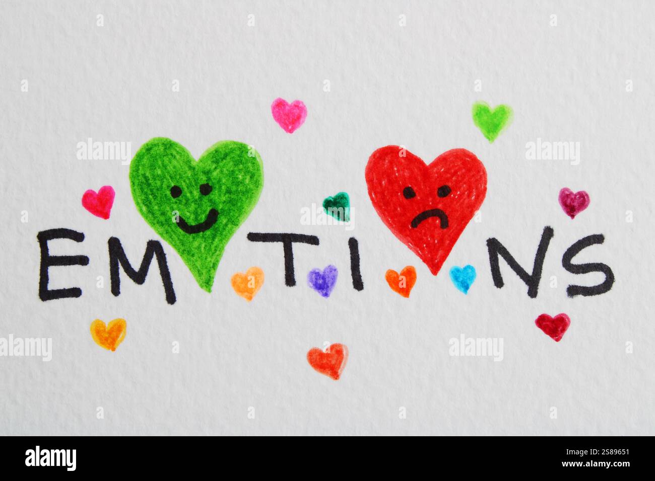 Word EMOTIONS with happy and sad hearts Stock Photo - Alamy