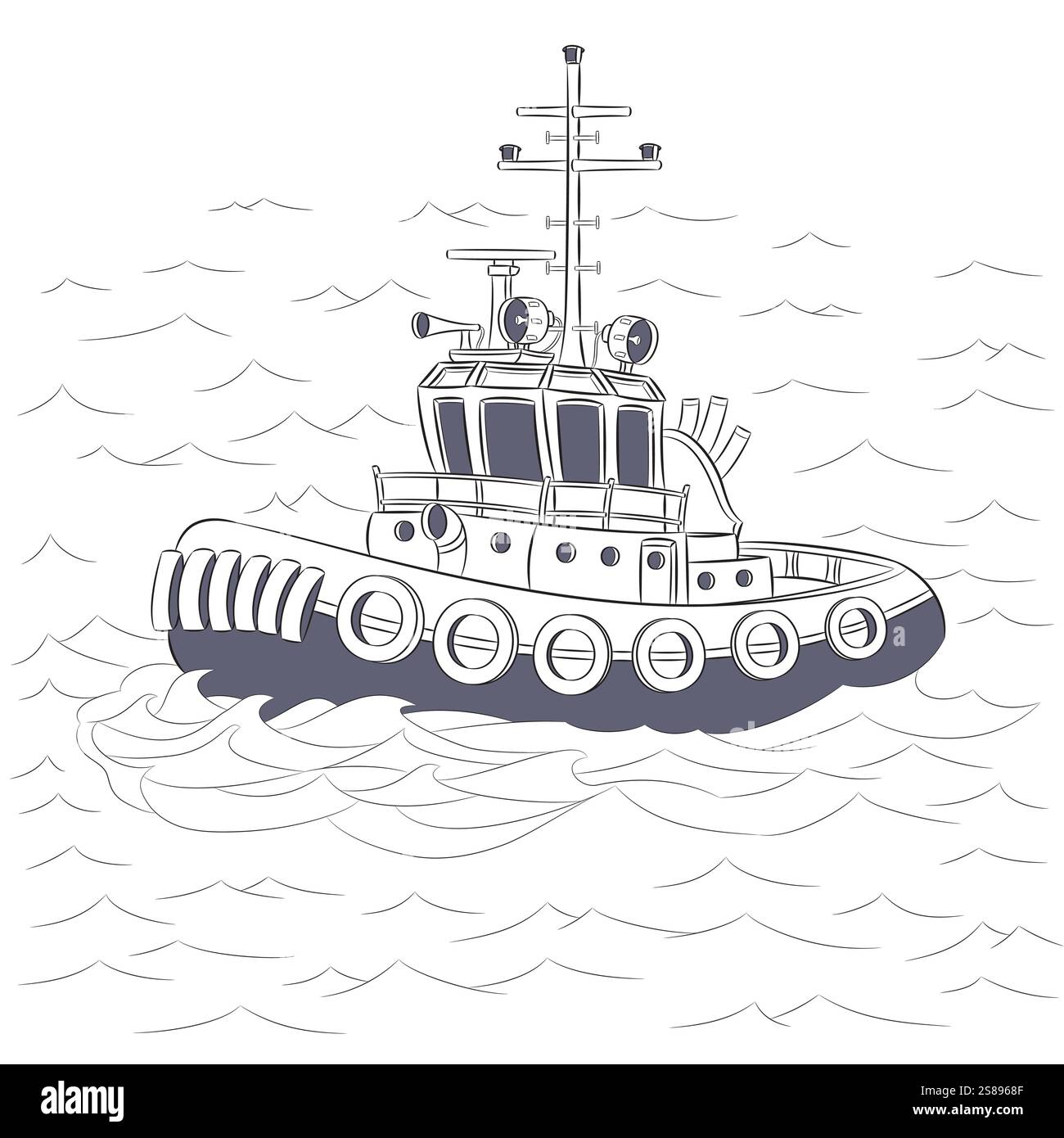 Black and white illustration of a small sea tug in the open sea Stock ...