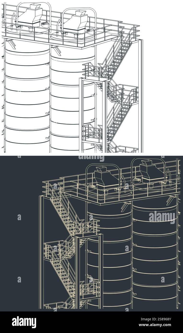 Stylized vector illustrations of a silo storage system drawings close ...