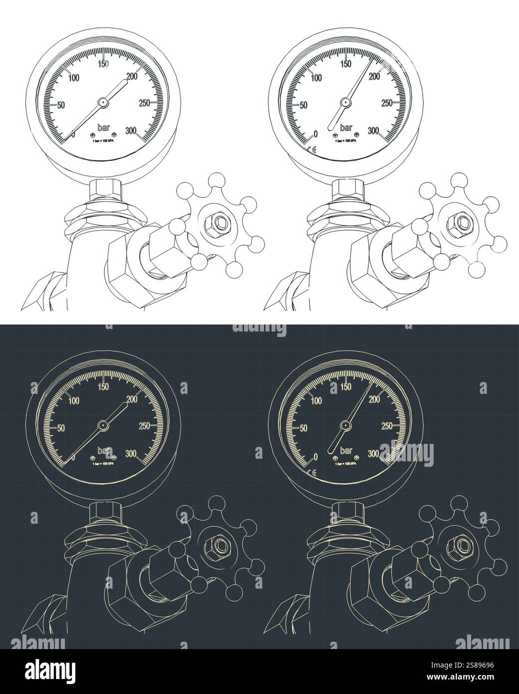 Valve for regulating gas flow with pressure control blueprints close-up ...