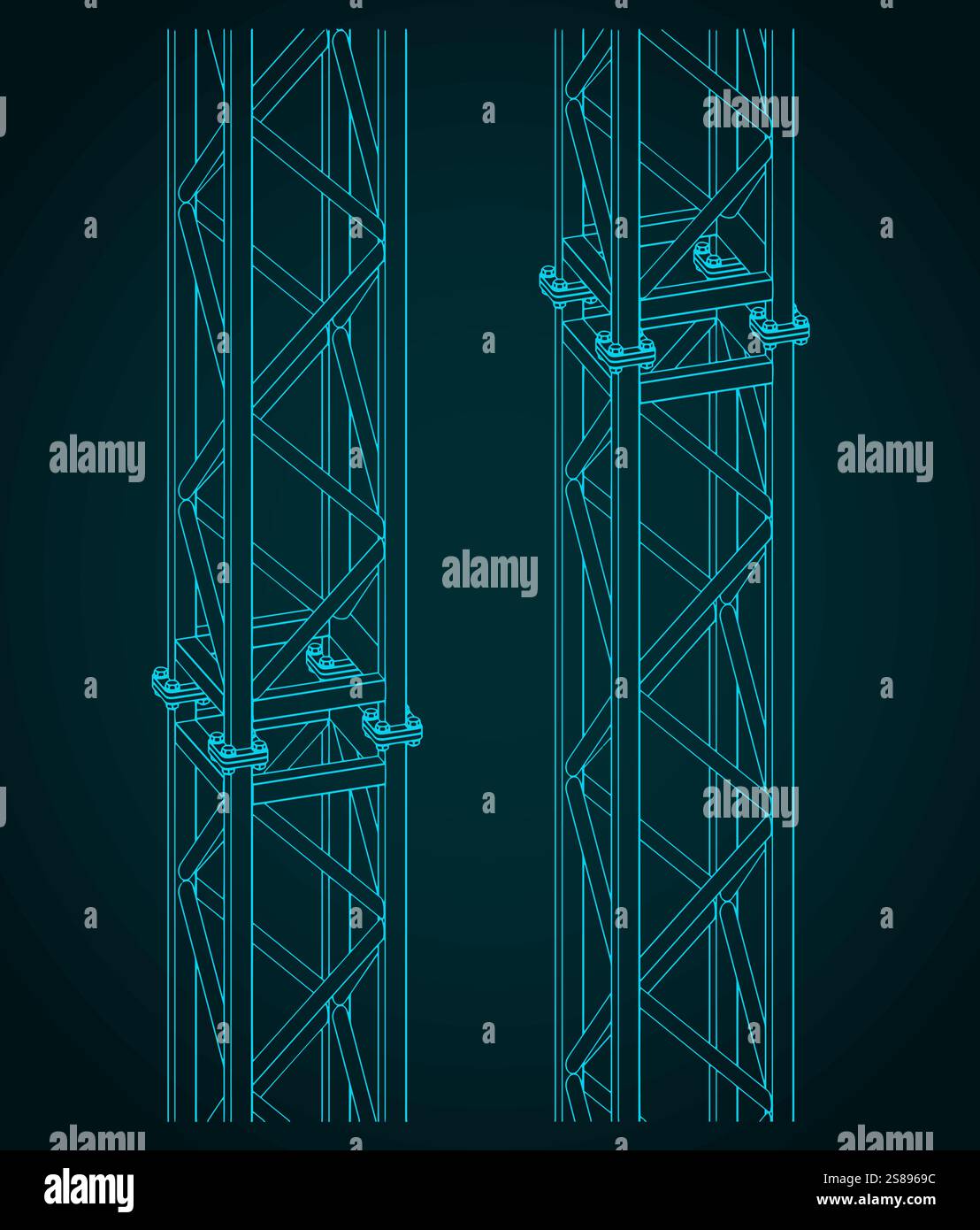Stylized vector illustration of modular metal truss blueprints close-up ...