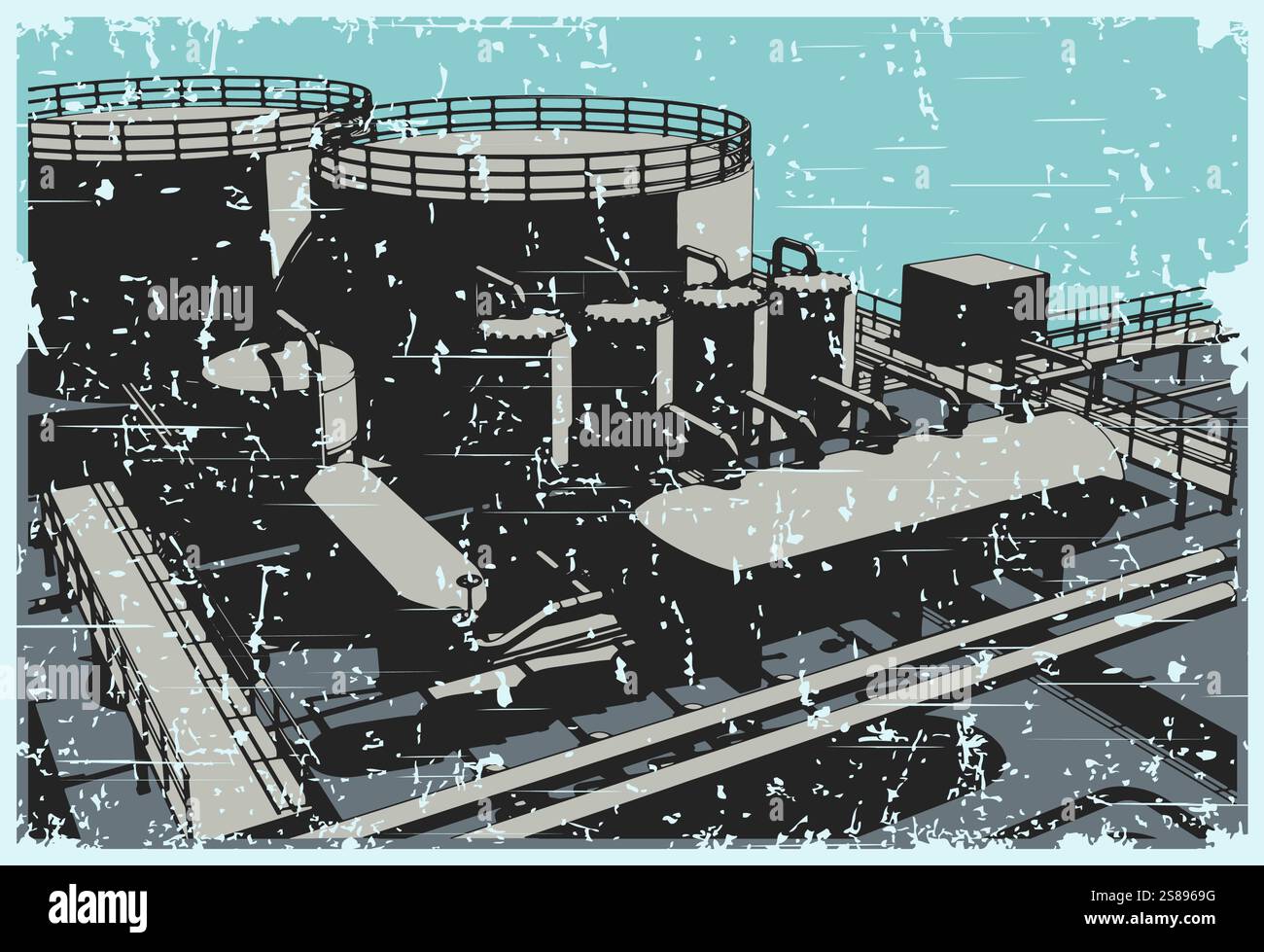 Stylized vector illustration of a retro poster of an oil refinery plant ...