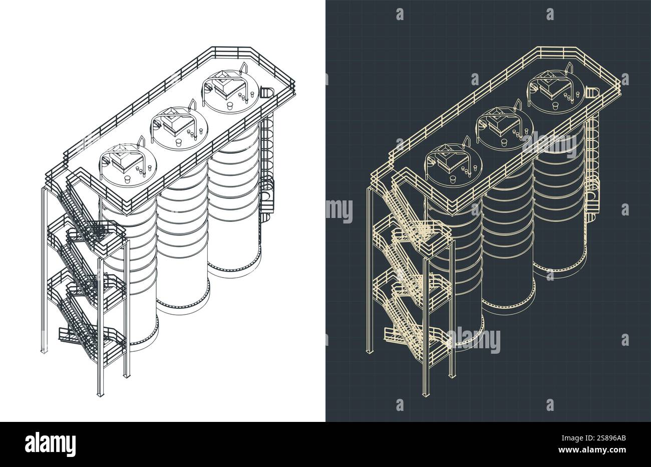 Stylized vector illustrations of a silo storage system isometric blueprints Stock Vector Image ...