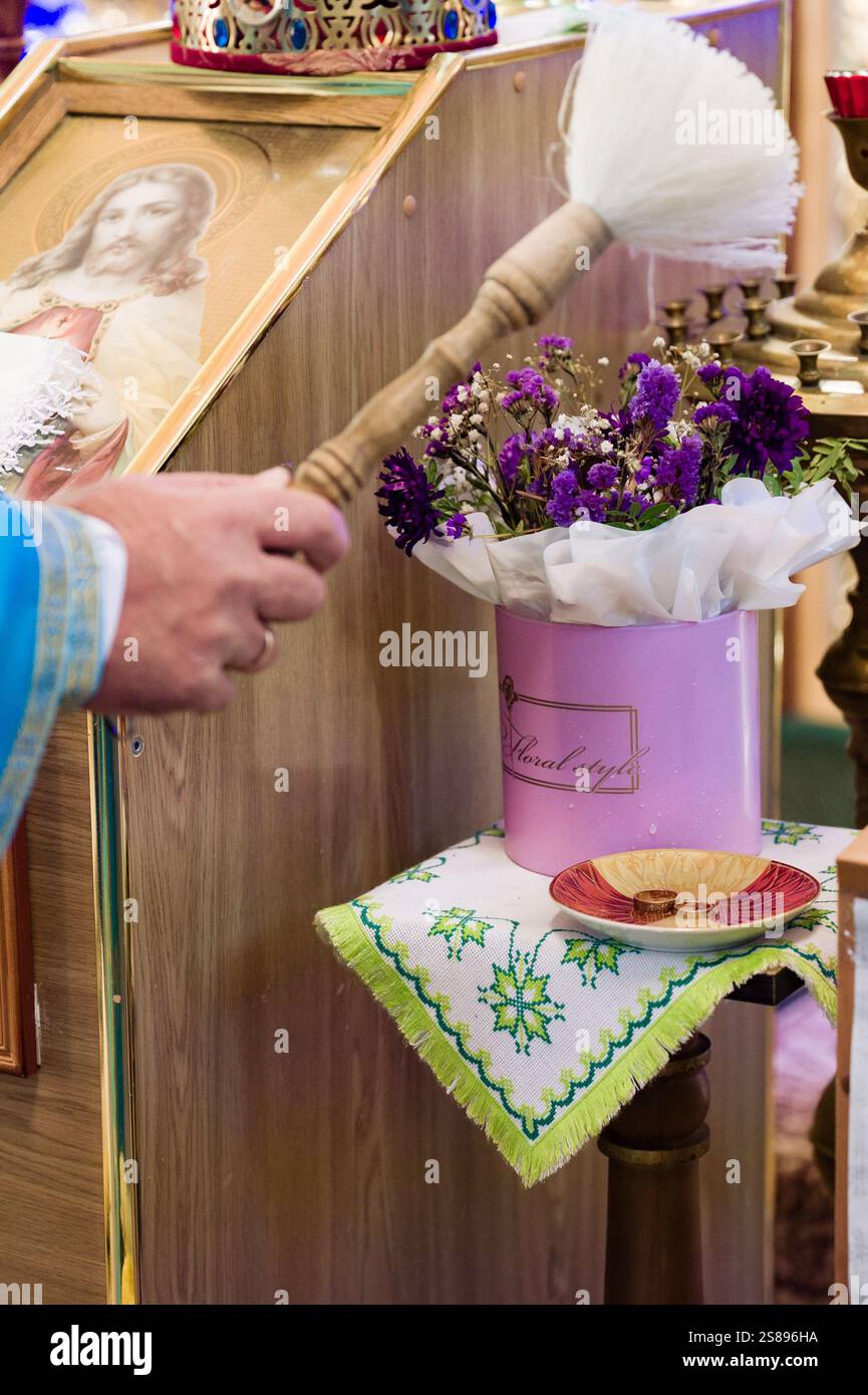 Religious ceremony with flowers and holy objects Stock Photo - Alamy