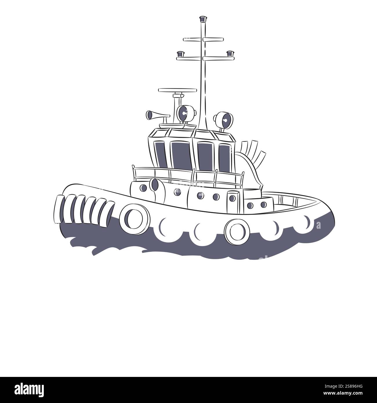 Black and white vector illustration of a tugboat sailing on the waves ...