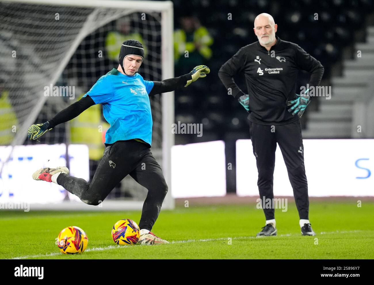 Derby County goalkeeper Jacob Widell Zetterstrom and goalkeeping coach ...