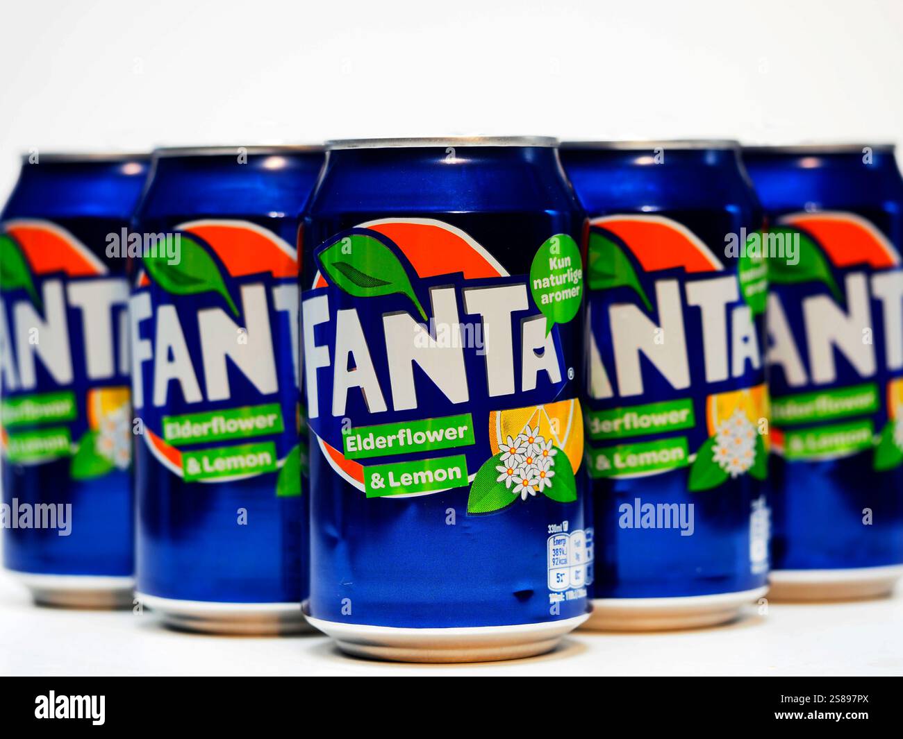 In this photo illustration, cans of Fanta with elderflower and lemon ...