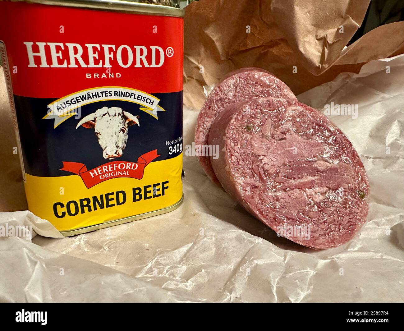 The Germany version of Corned beef next to a can of Hereford brand ...