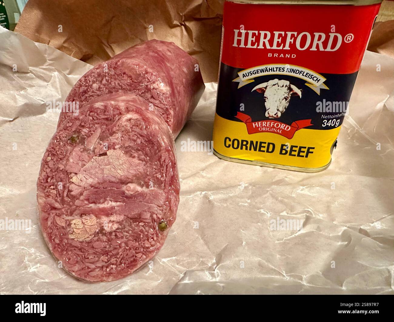 The Germany version of Corned beef next to a can of Hereford brand ...