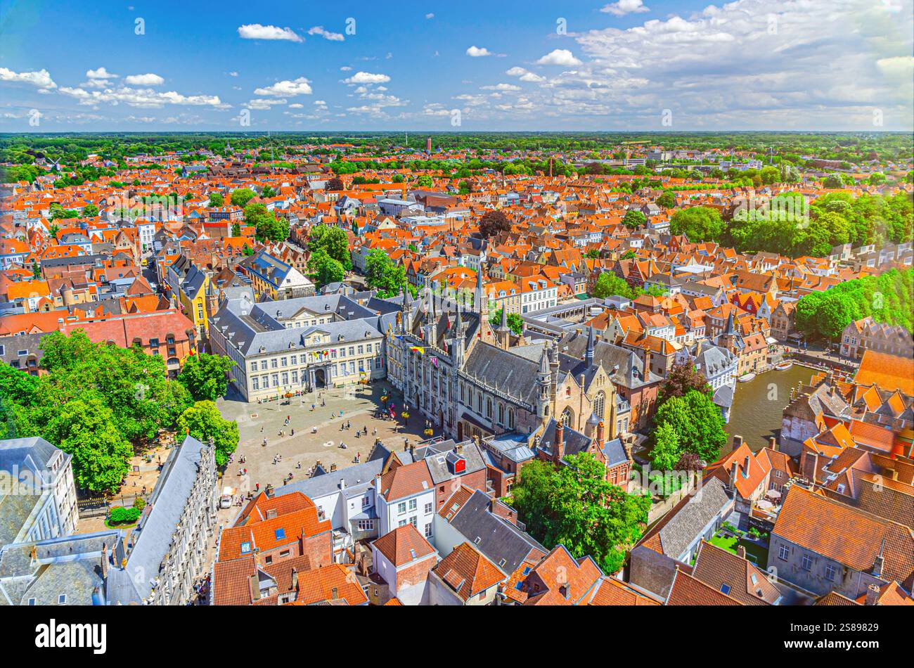 Aerial panoramic view of Bruges historic city centre with old colorful ...