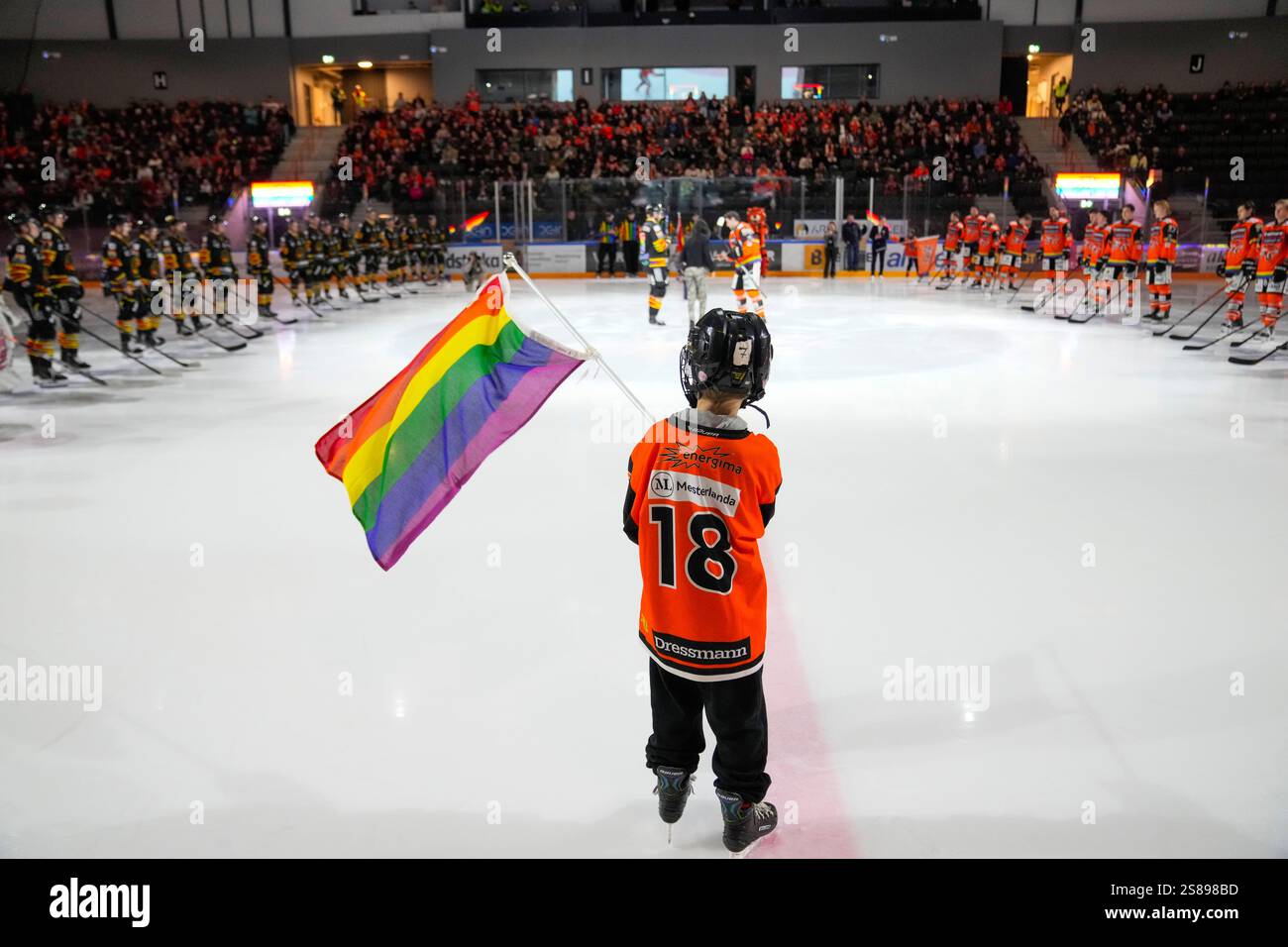 A youngster holds a pride flag before an elite series ice hockey game ...