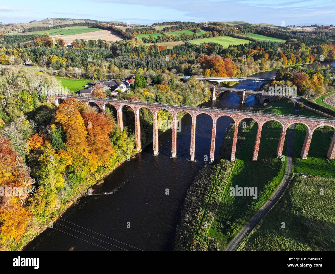 Aerial drone view of Leaderfoot Viaduct over the River Tweed Stock ...