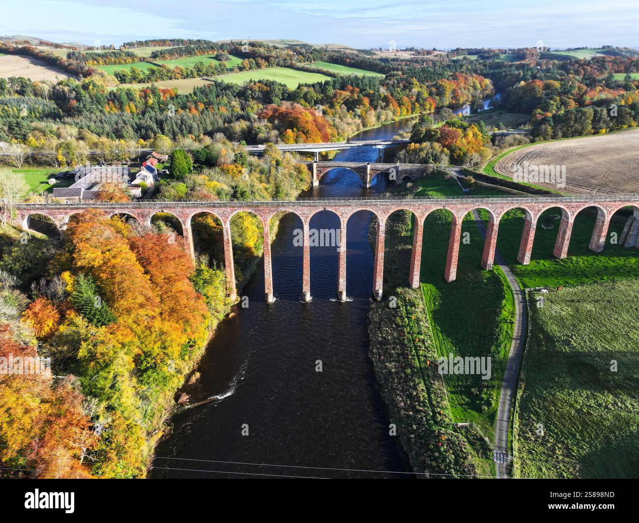 Aerial drone view of Leaderfoot Viaduct over the River Tweed Stock ...