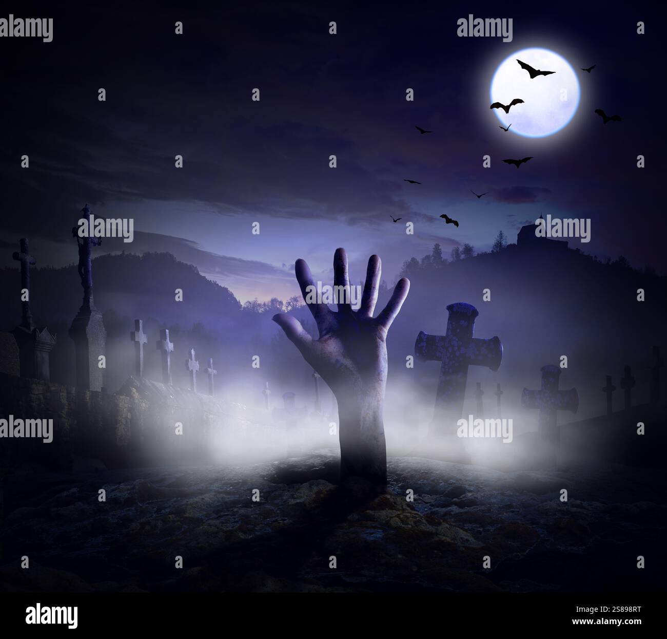 Halloween creepy and ghostly horror scary full moon night with hand out ...