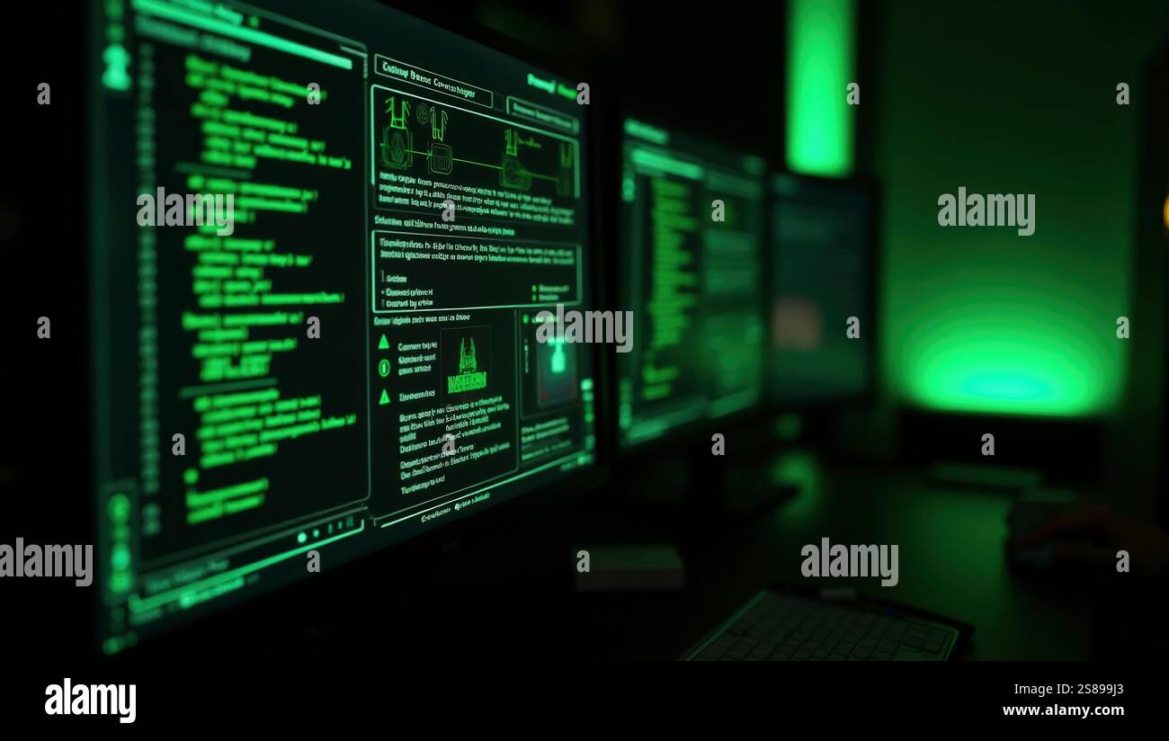 A high-tech computer screen with green-lit panels displaying ...