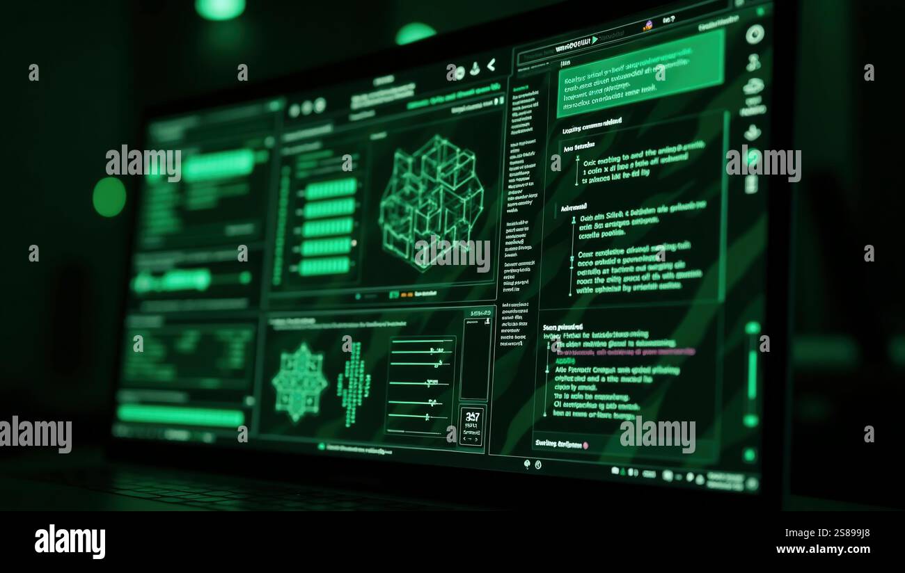 A high-tech computer screen with green-lit panels displaying ...