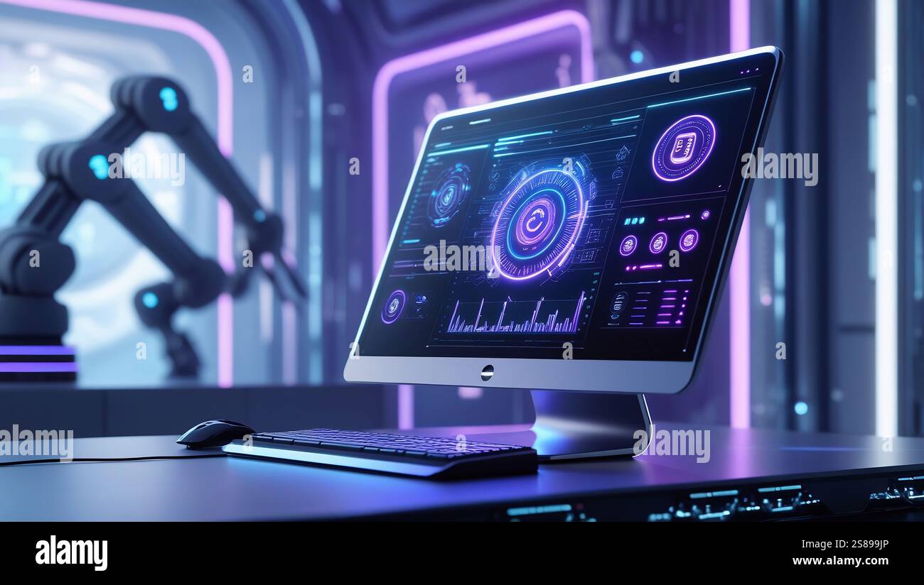 A sleek, modern computer in a futuristic laboratory, displaying vibrant ...