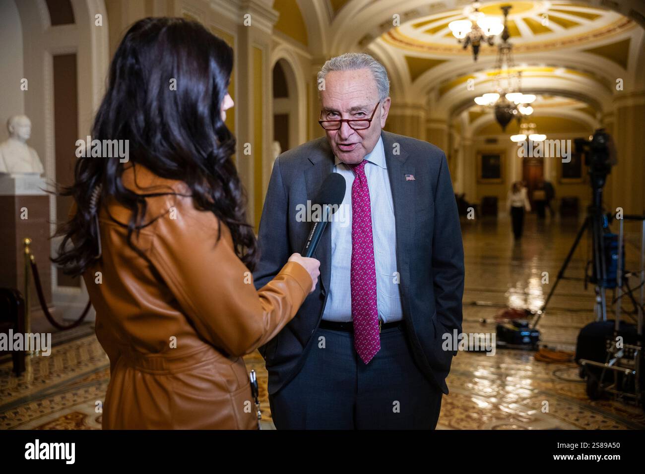 Senate Minority Leader Chuck Schumer (D-N.Y.) gives an interview at the ...