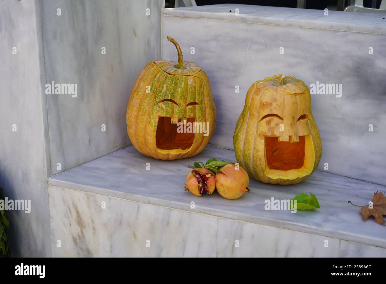 Carved pumpkins on a beautiful halloween and autumnal background ...