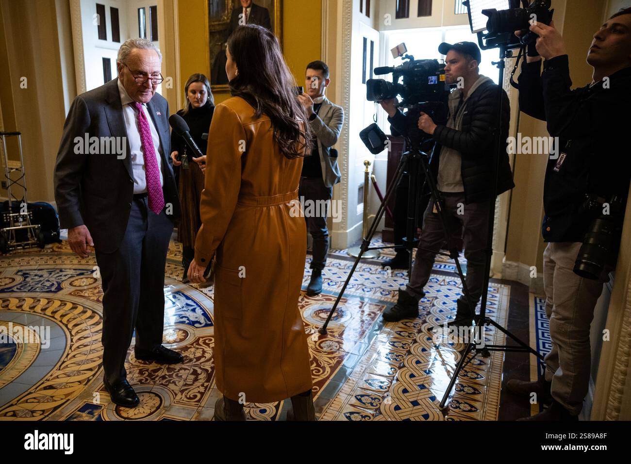 Senate Minority Leader Chuck Schumer (D-N.Y.) gives an interview at the ...