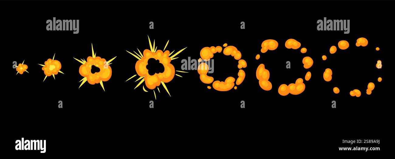 Comic explosive fire cloud game effect vector set. Bomb blast with ...
