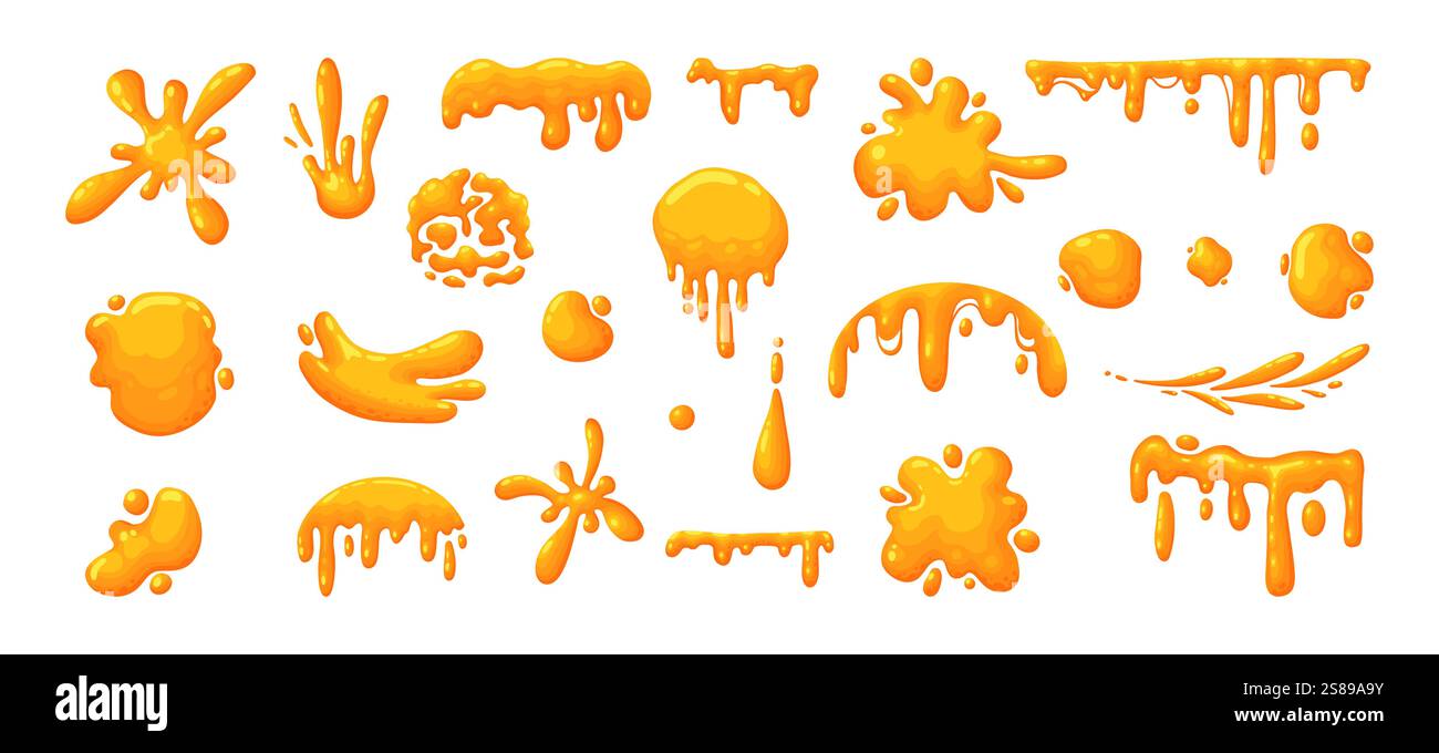 Cartoon honey splashes. Sweet syrup dripping spots, melting liquid ...