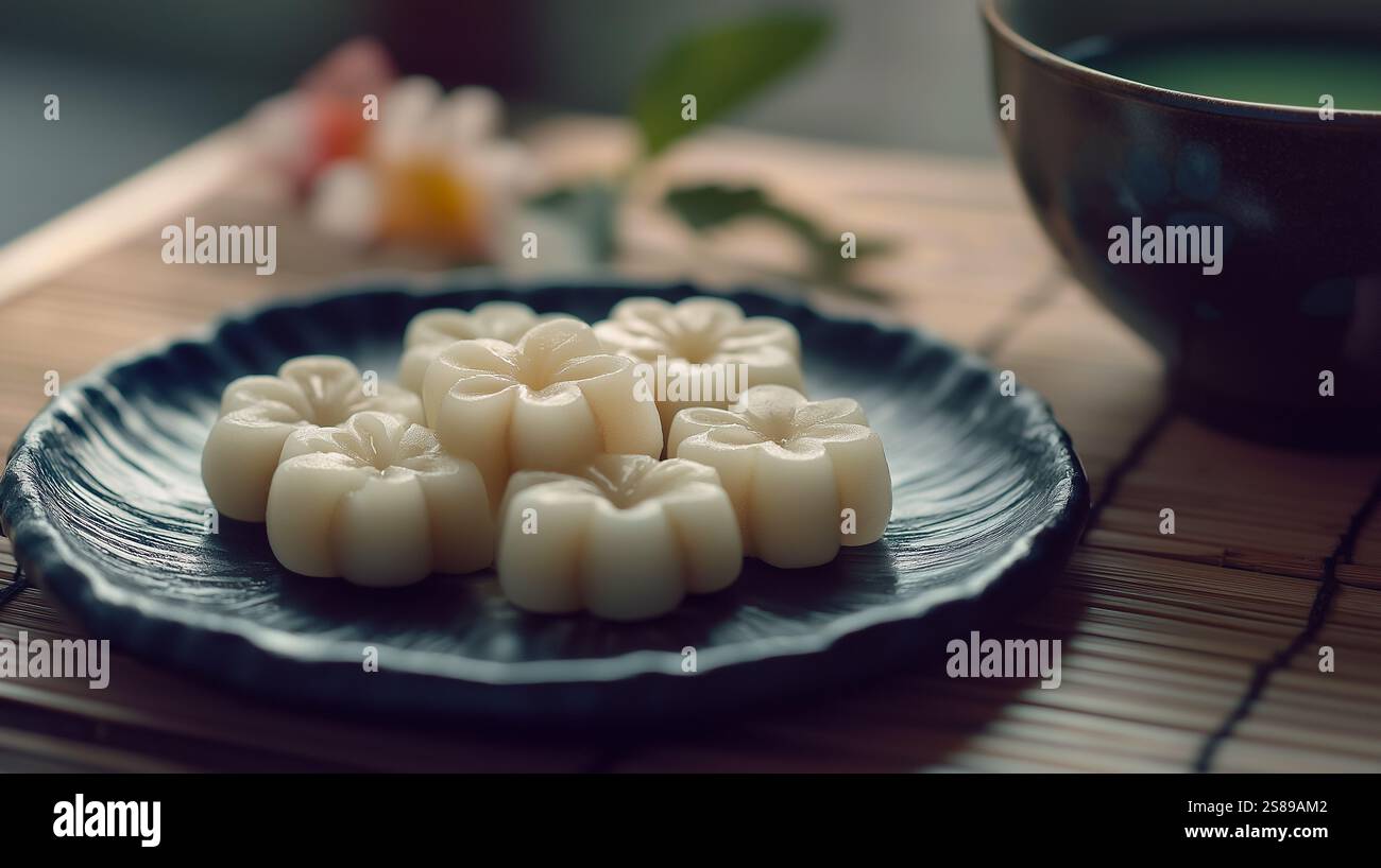 A traditional serving of Japanese matcha tea ceremony sweets, featuring ...