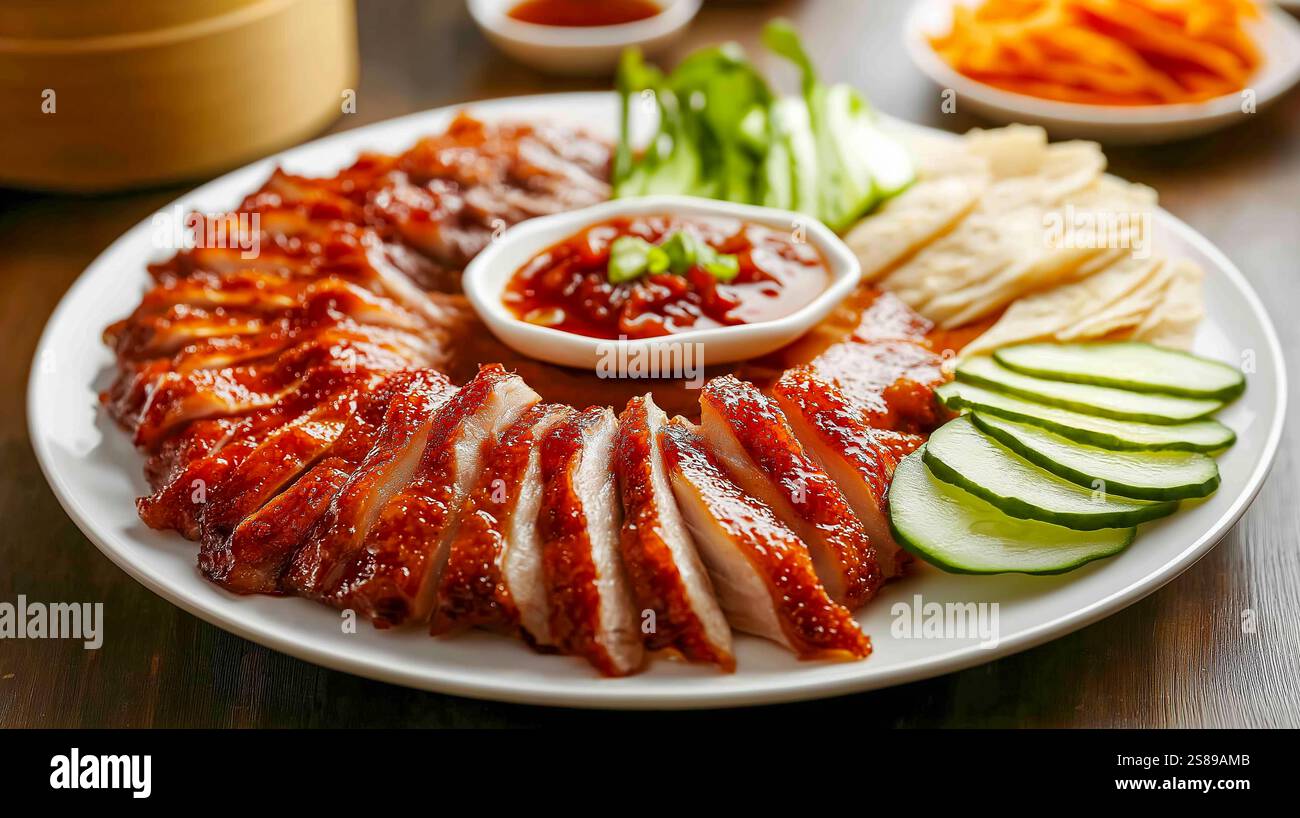 A vibrant plate of Cantonese-style roasted Peking duck, featuring ...
