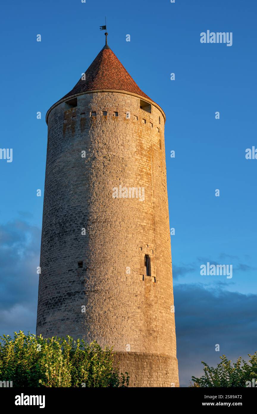 A tower on the old town walls of Romont in Switzerland taken at sunset ...