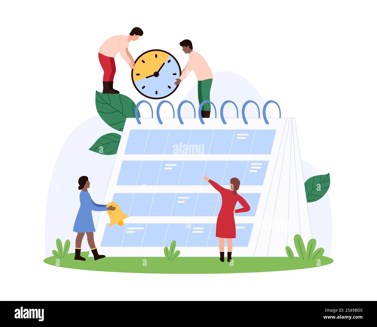 Time management, notification of important events. Tiny people holding ...