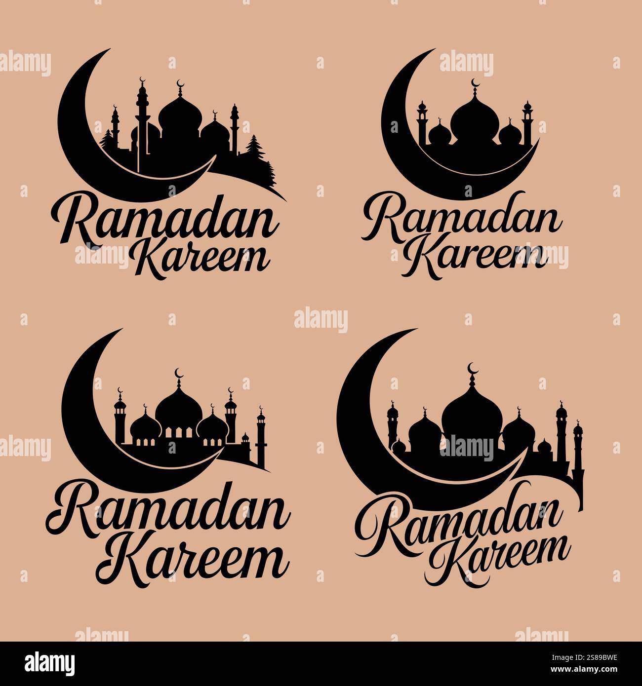 Design four elegant logos of Ramadan Kareem with moon and silhouettes ...
