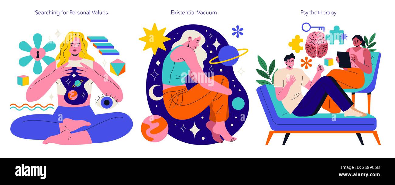 Logotherapy illustration set. Exploring personal values, existential ...