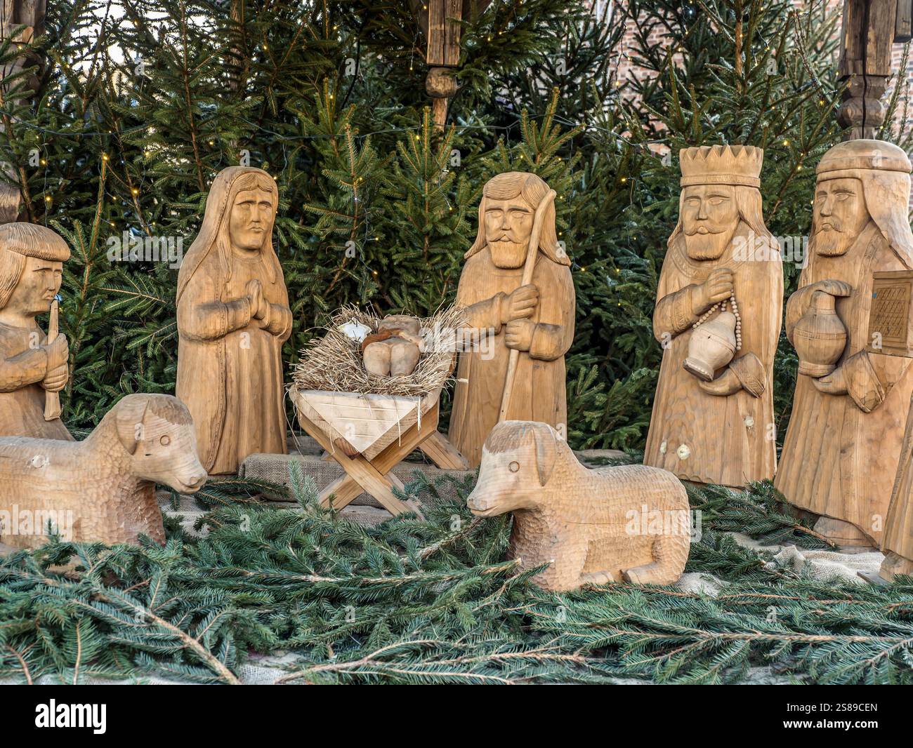 Nativity scene with wooden sculptures representing the birth of Jesus ...