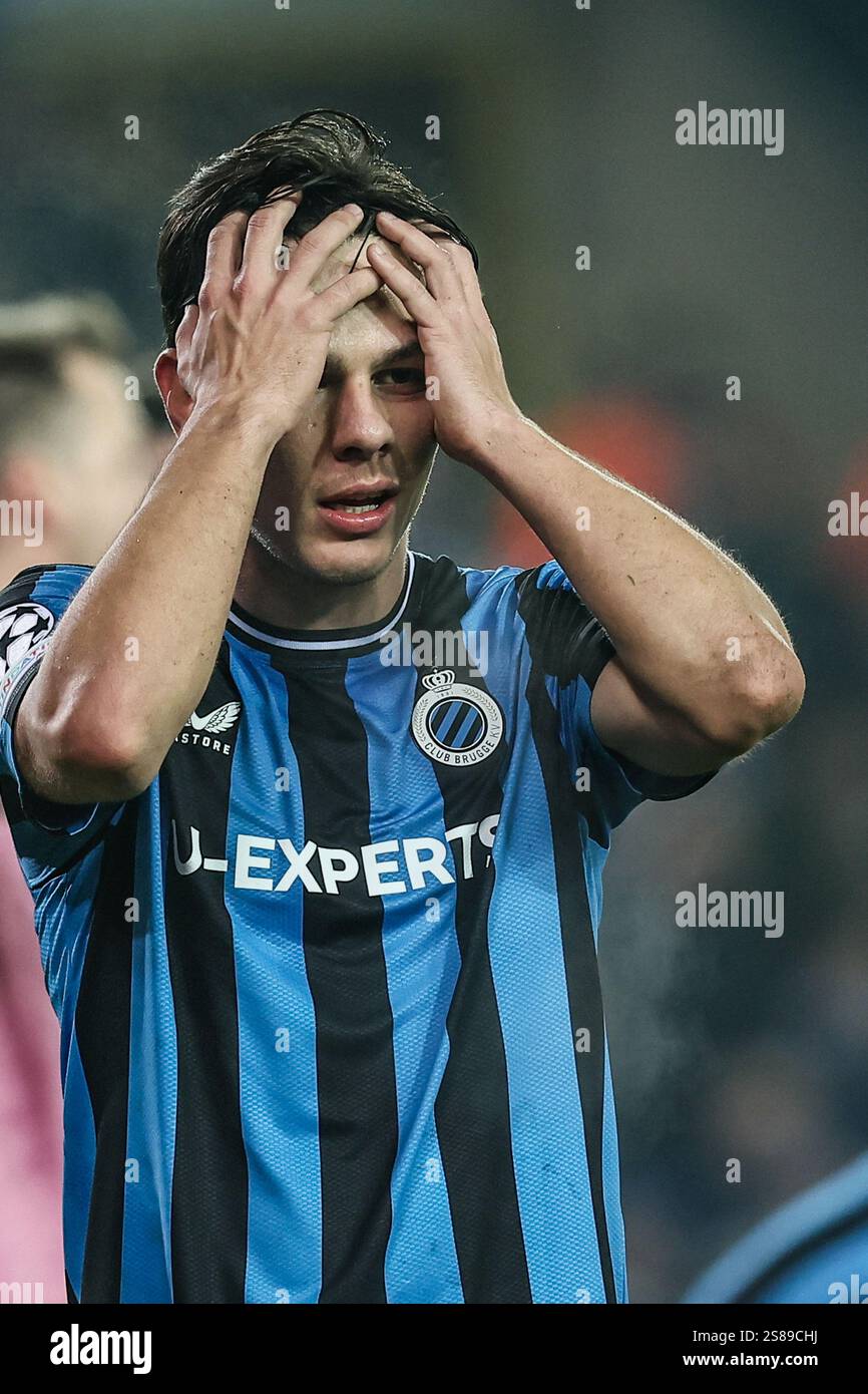 Brugge, Belgium. 21st Jan, 2025. Club's Ardon Jashari reacts during a ...