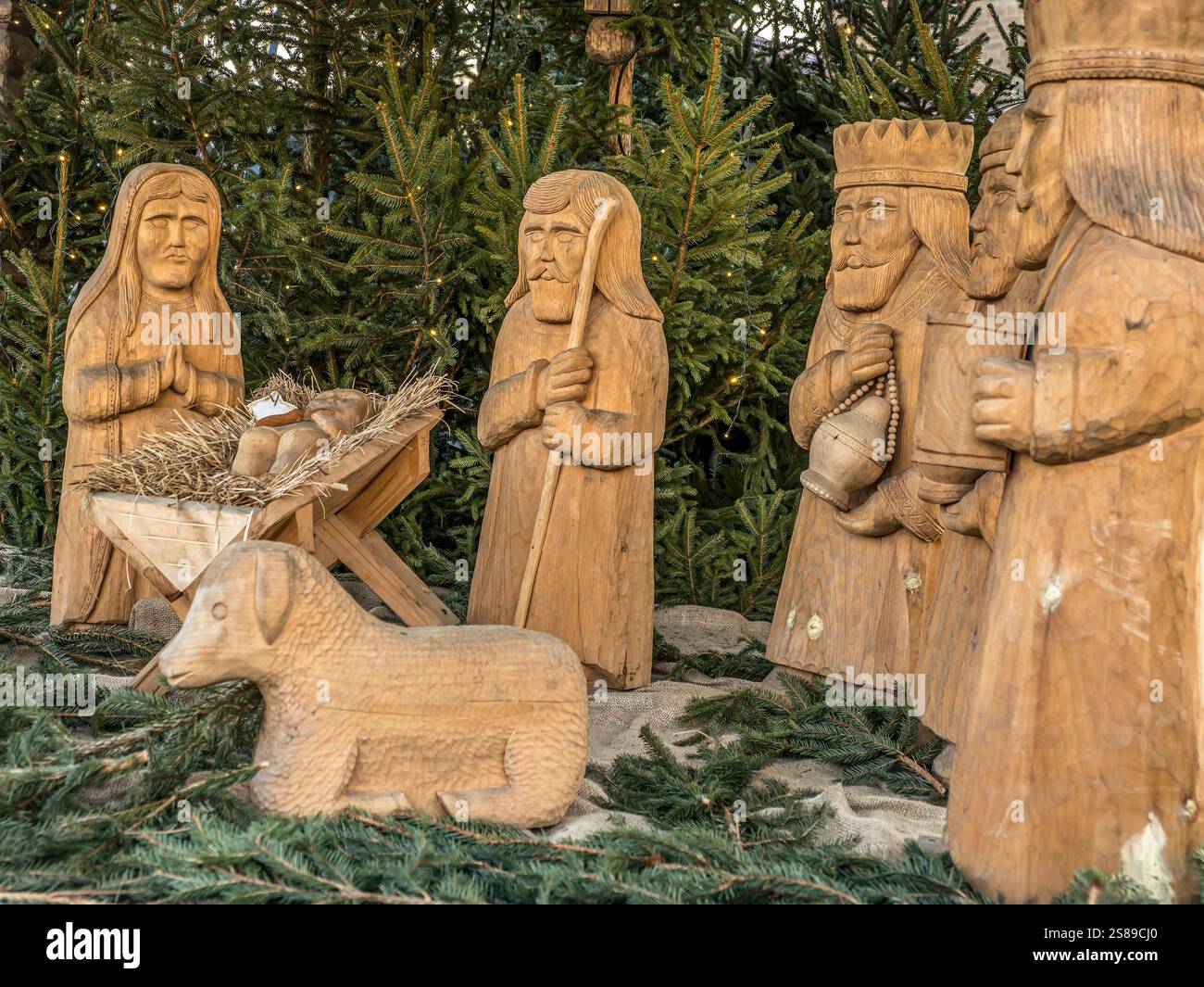 Nativity scene with wooden sculptures representing the birth of Jesus ...