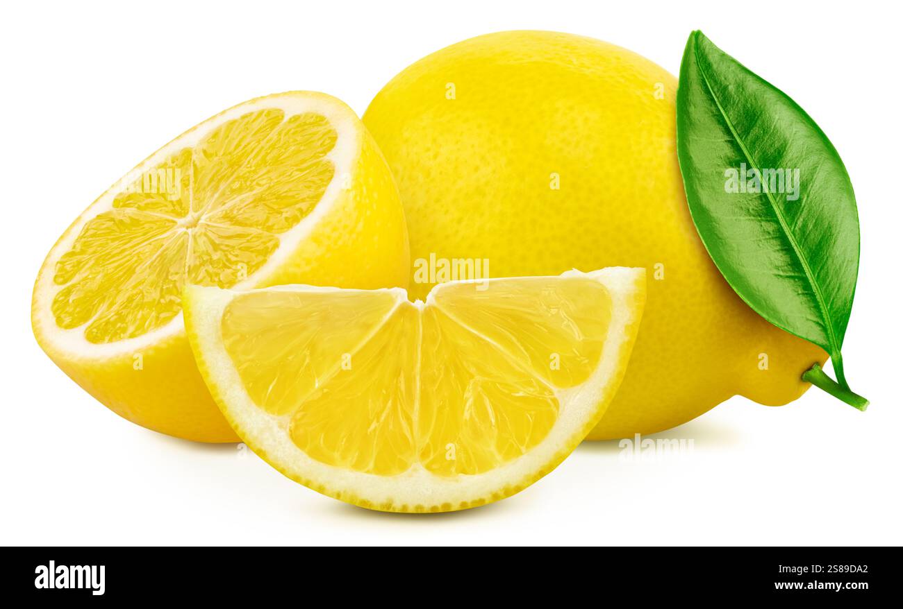 Lemon fruit with leaf isolate. Lemon whole, half, slice, leaves on ...