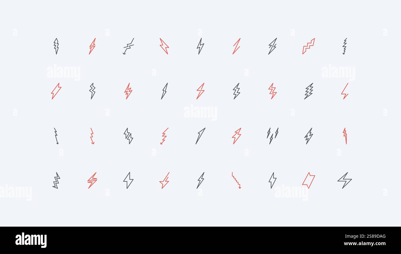 Lightnings of different shape, instant bolt of energy strike and ...